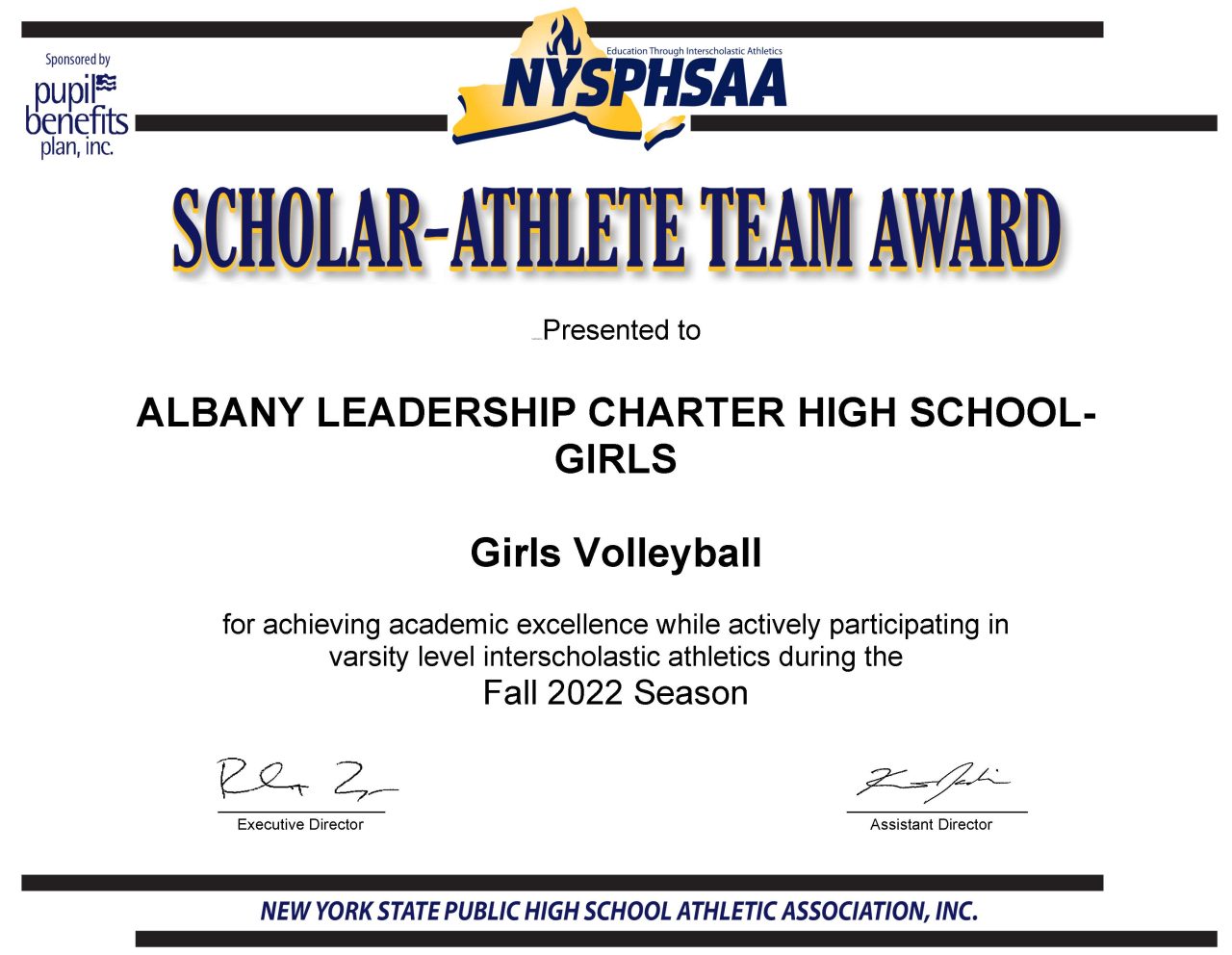 Scholar Athlete Award Presented to Varsity Volleyball Team | Albany ...